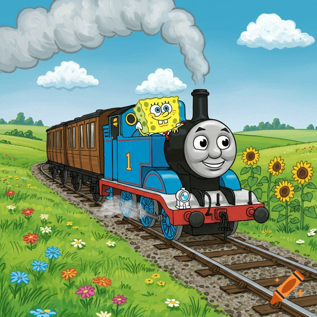 SpongeBob SquarePants and Hatsune Miku ride on Thomas the Tank Engine ...