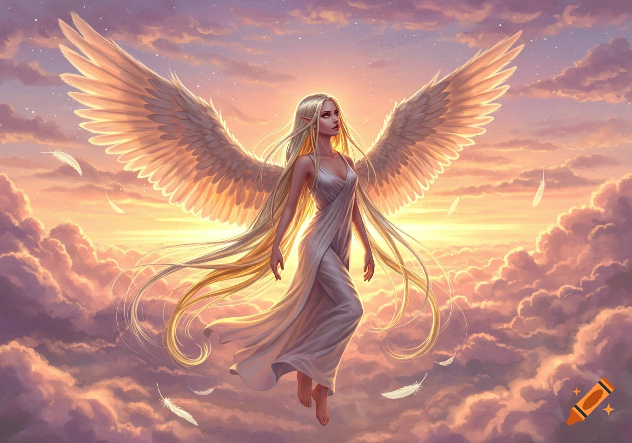 A radiant angel with large white wings, wearing a flowing white dress ...