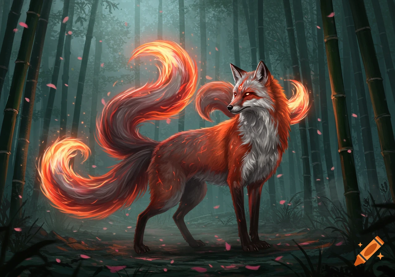 A vibrant, mythical kitsune fox with glowing fiery tails and eyes, standing in a dark bamboo ...