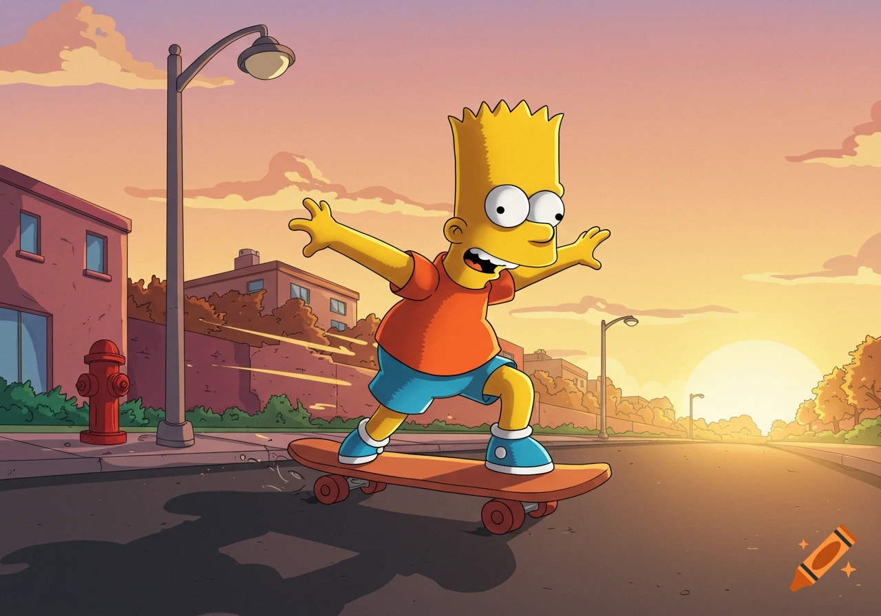 Cartoon illustration of Bart Simpson skateboarding in a city street at ...