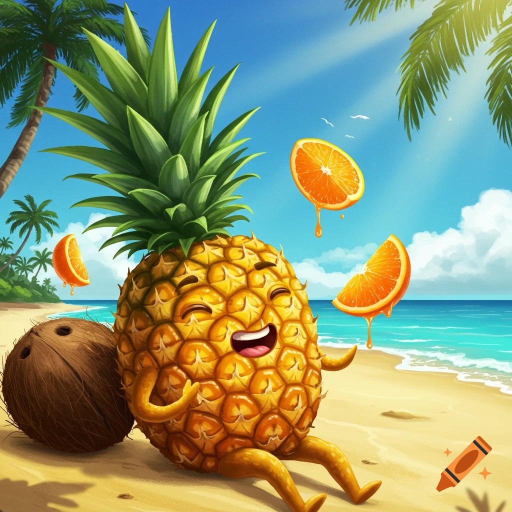 A cute, cartoon pineapple character with big eyes smiles on a sandy ...