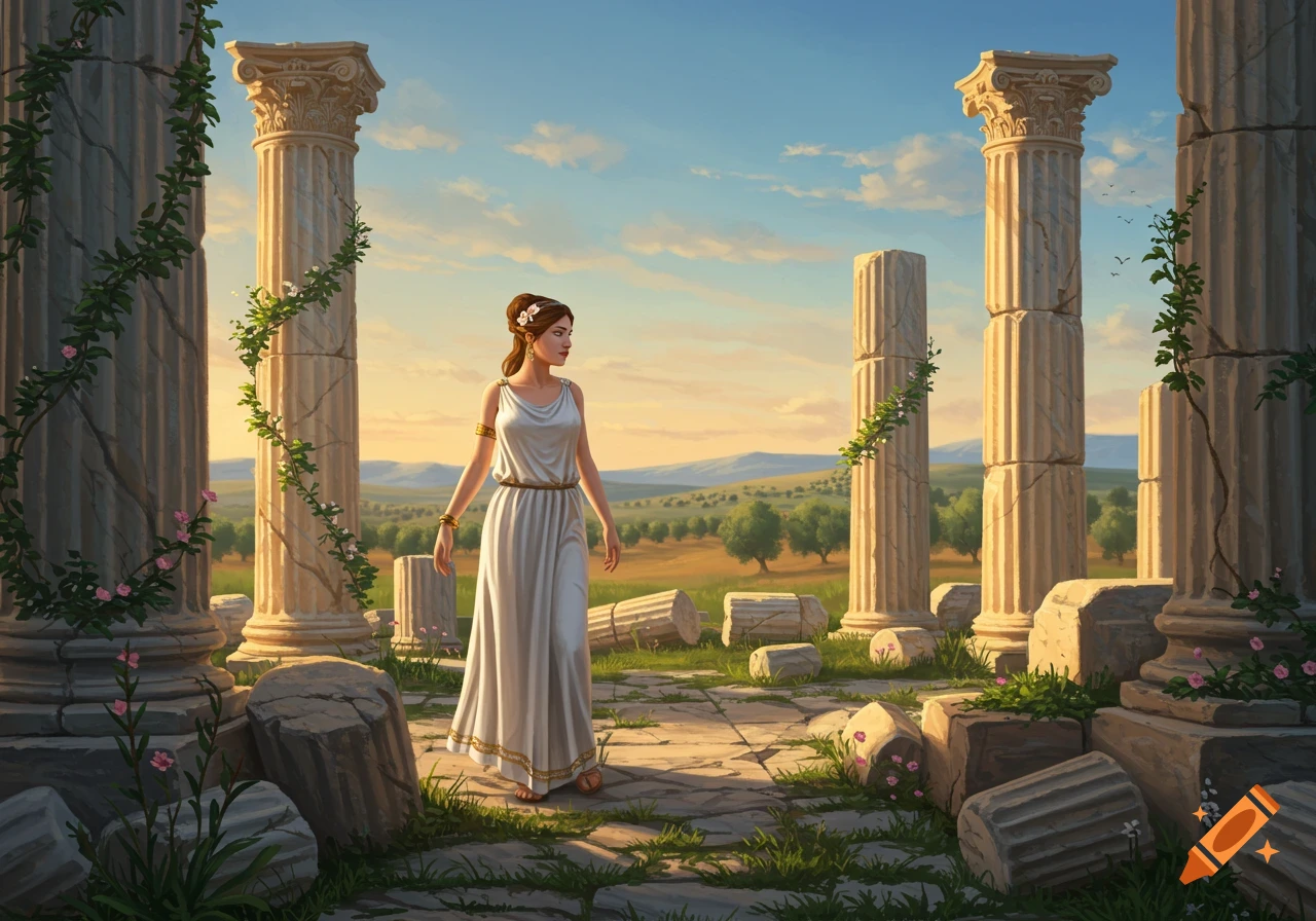 A vibrant depiction of an ancient Greek landscape with classical ...