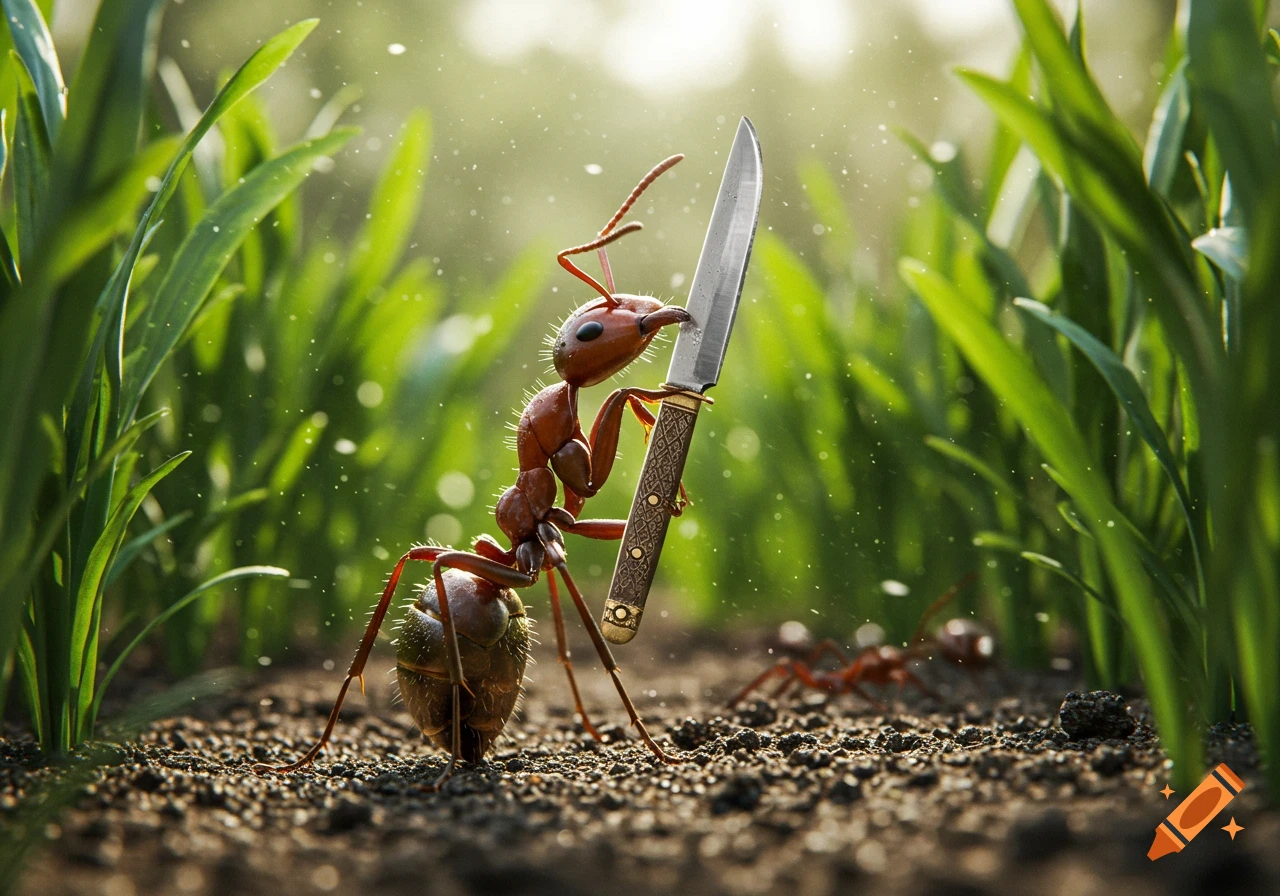 A cartoon ant dressed as a ninja, holding a shuriken, crouches on a ...