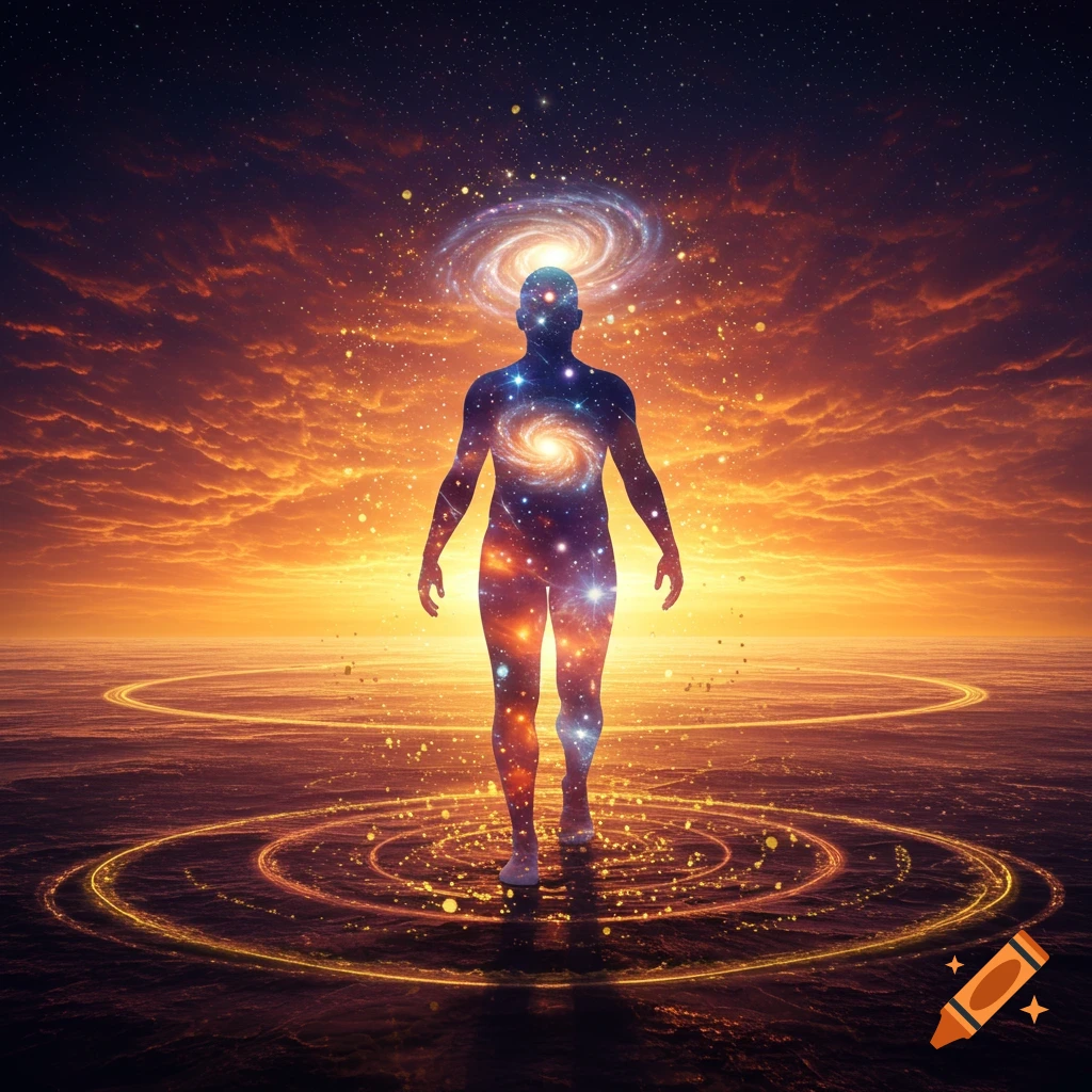 A robed figure with outstretched arms stands illuminated by a bright ...