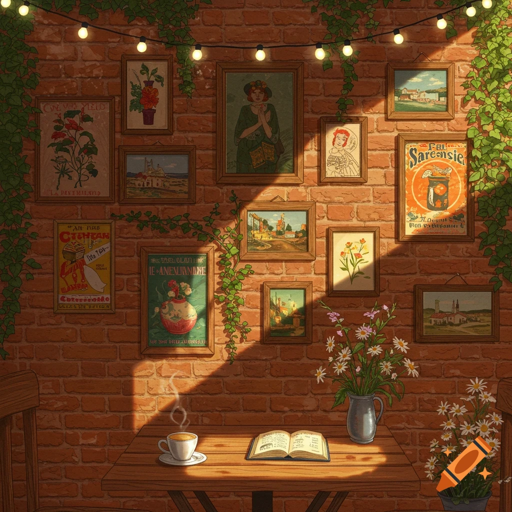 An illustrated, warm-toned cafe wall adorned with ornate mirrors ...