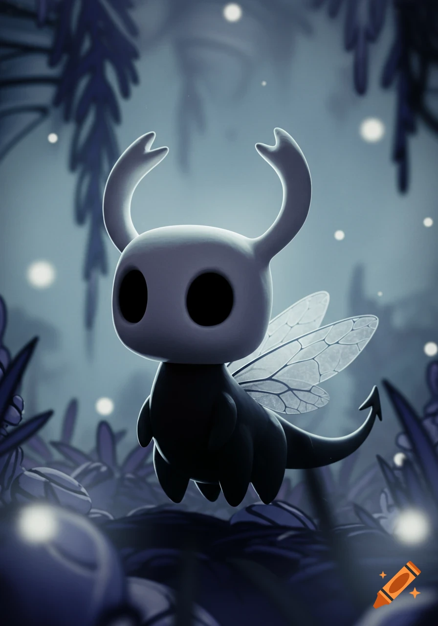 The Knight from Hollow Knight stands on a glowing mossy ledge in a dark ...