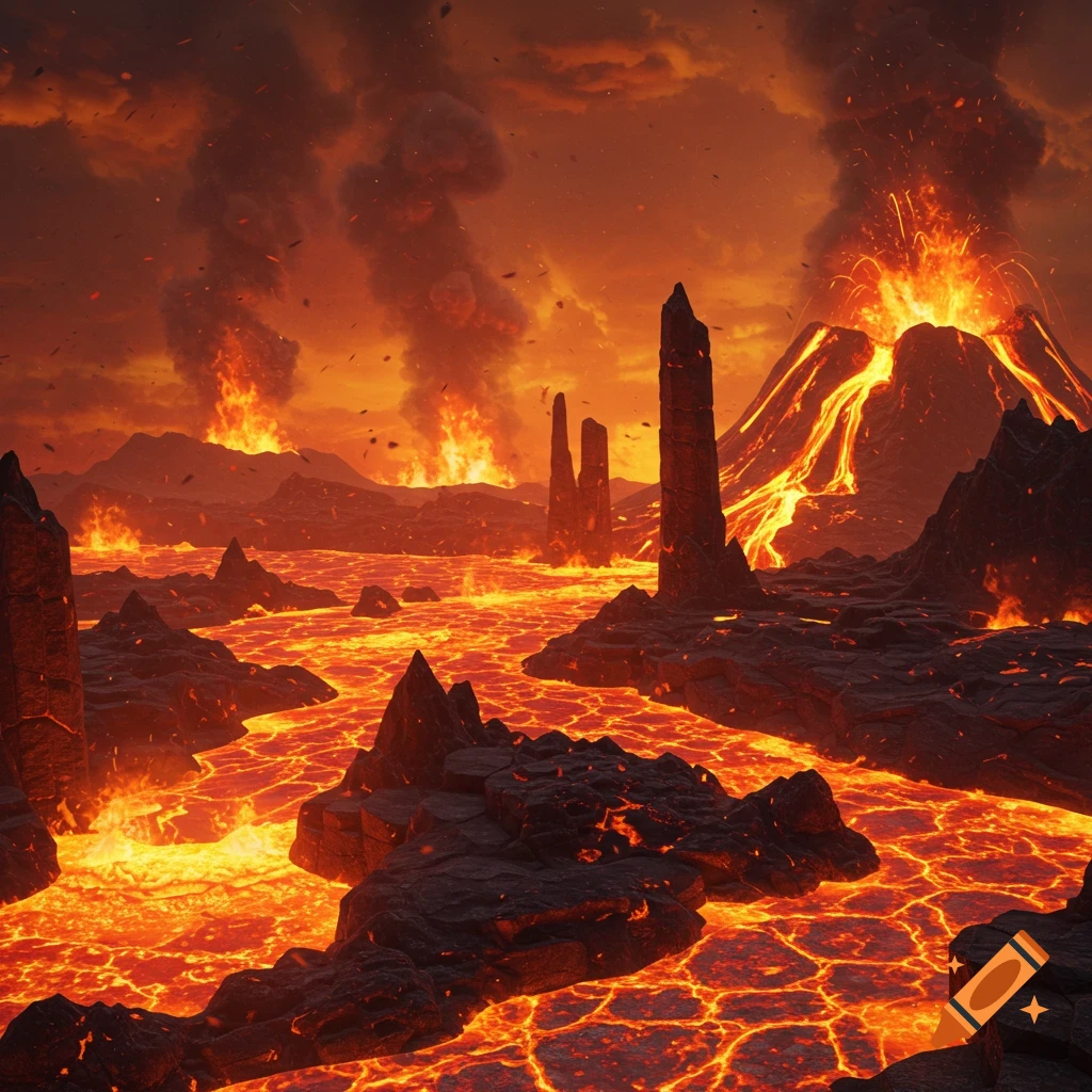 A desolate, cracked rocky wasteland under a blood-red sky, with ...