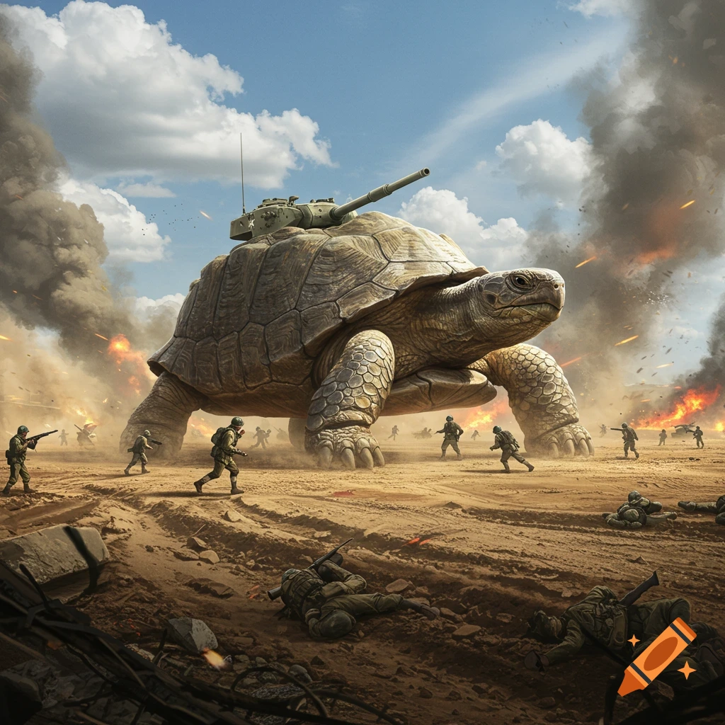 A giant turtle with a tank turret on its shell stomps through a war ...