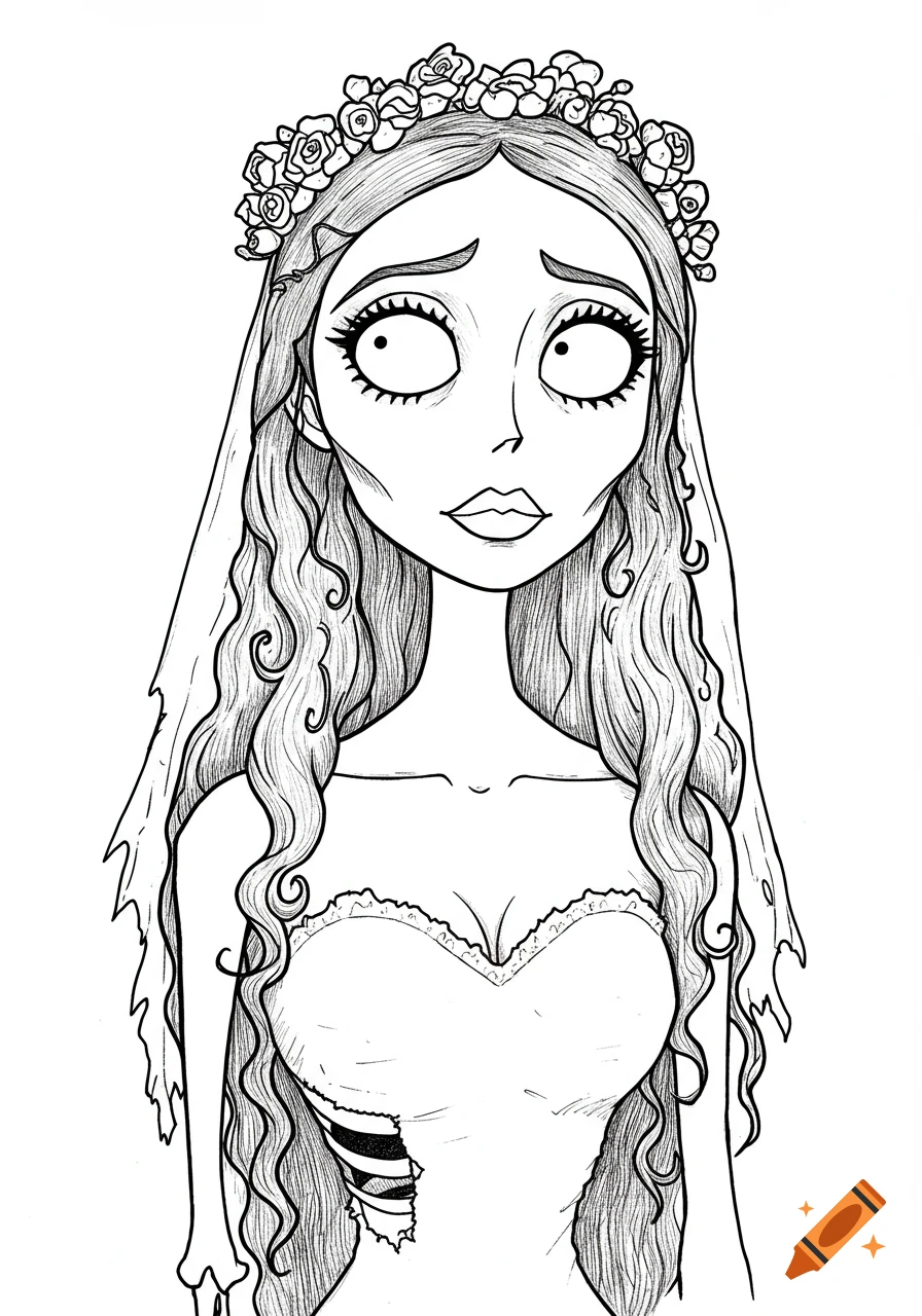 Black-and-white line drawing of Emily from Corpse Bride, waist-up ...