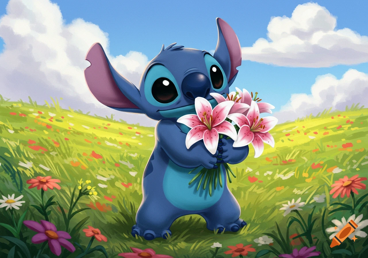 Cute blue Stitch angel with sparkling wings and a halo, holding a red ...