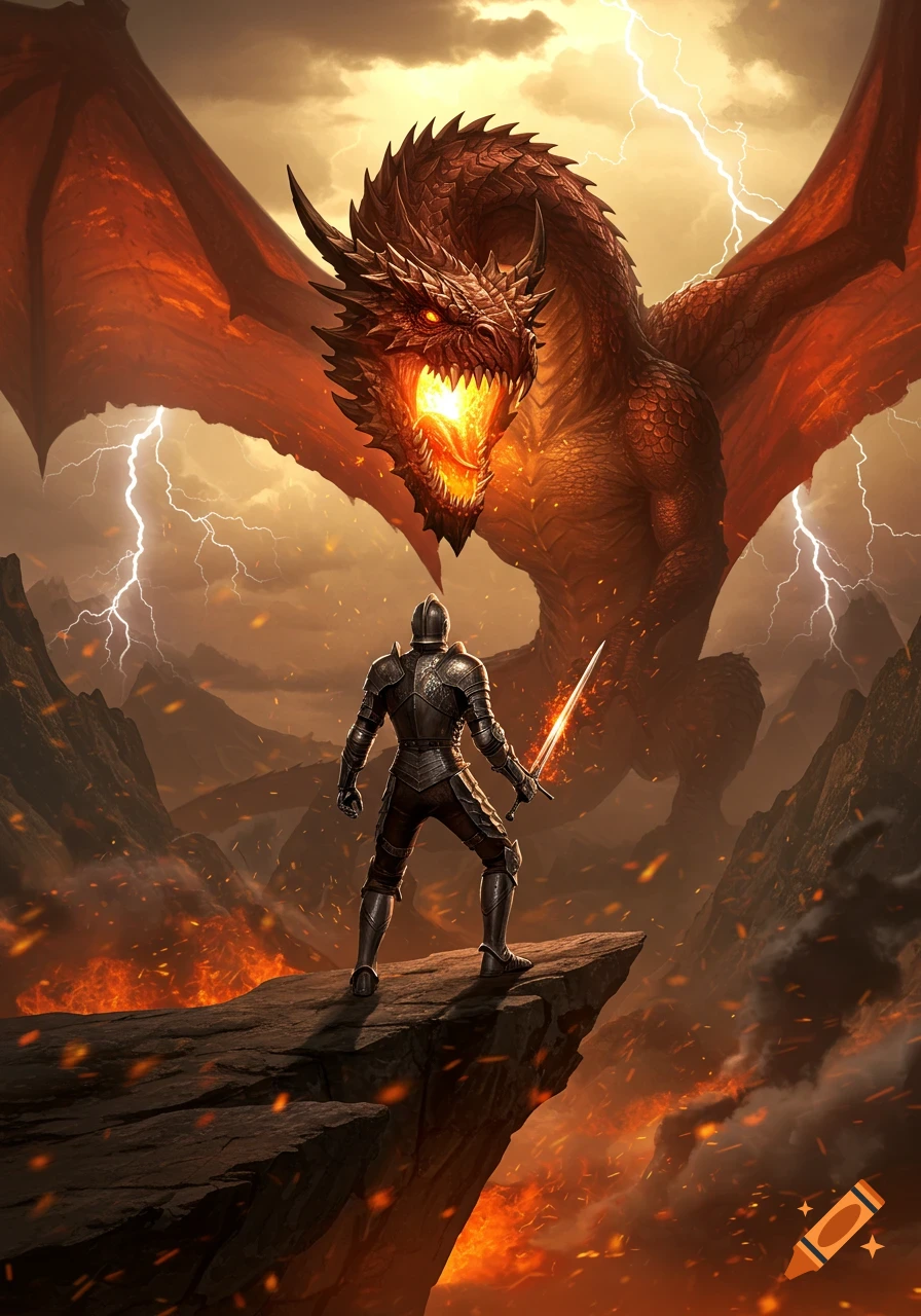A knight in dark armor stands on a cliff, facing a giant, fire ...