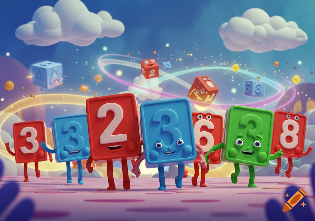 Cartoon anthropomorphic letter blocks playing on colorful building ...