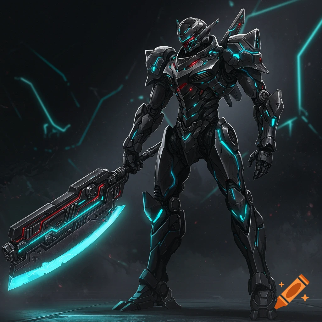 Two identical metallic horned robots with glowing blue eyes stand on a ...