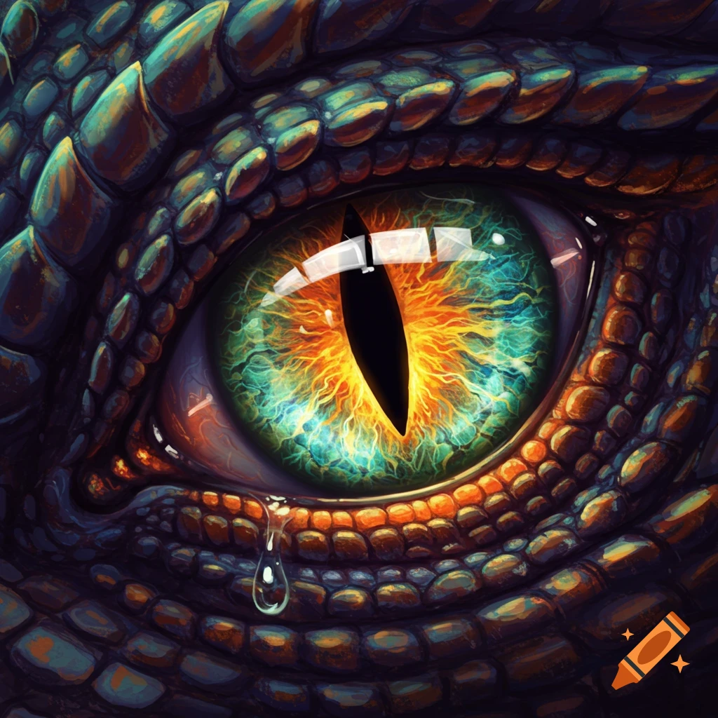 Close-up of a vibrant, fiery orange dragon eye with a vertical pupil, surrounded by textured ...