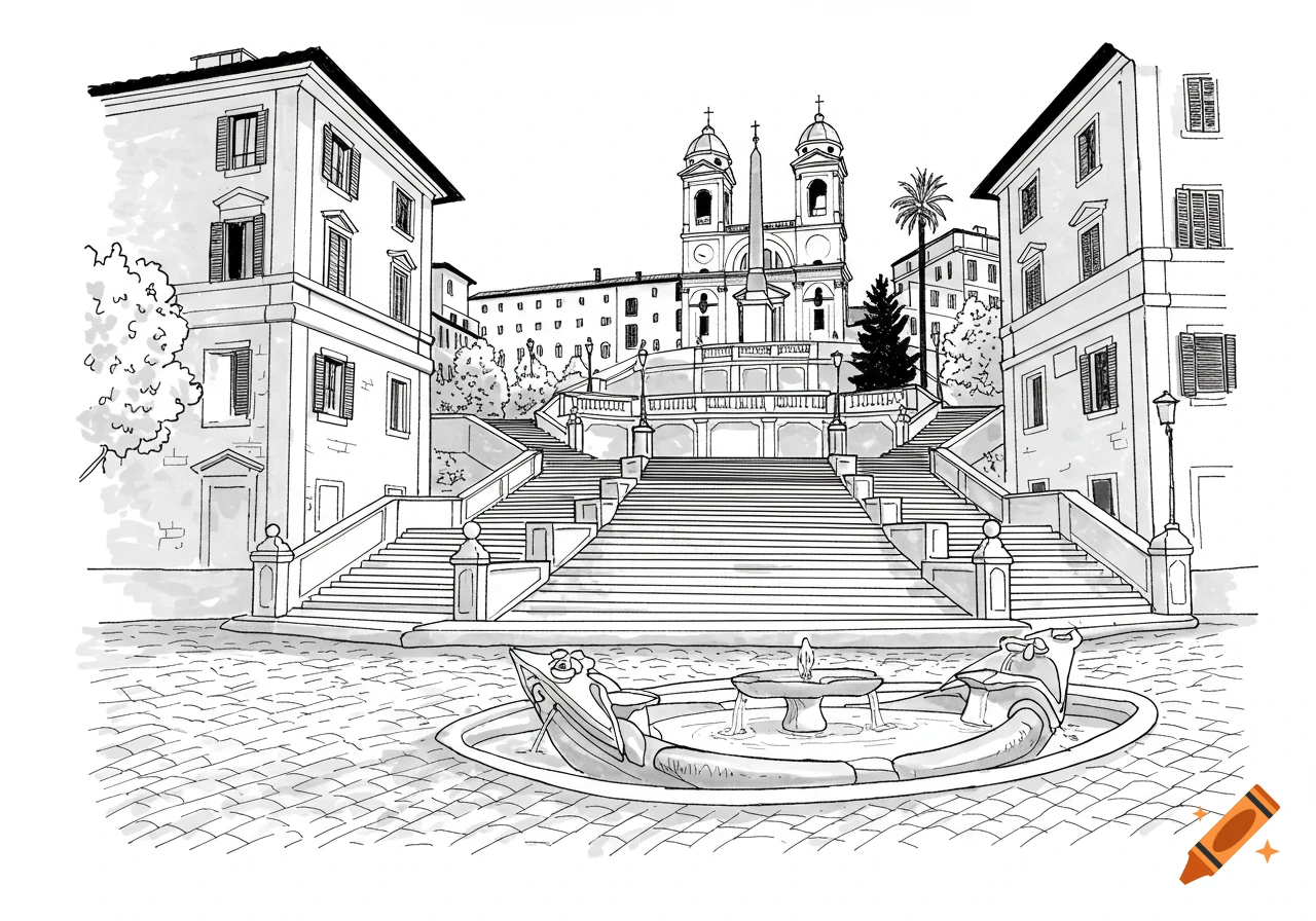 Black and white outline drawing of the Spanish Steps in Rome, with a ...