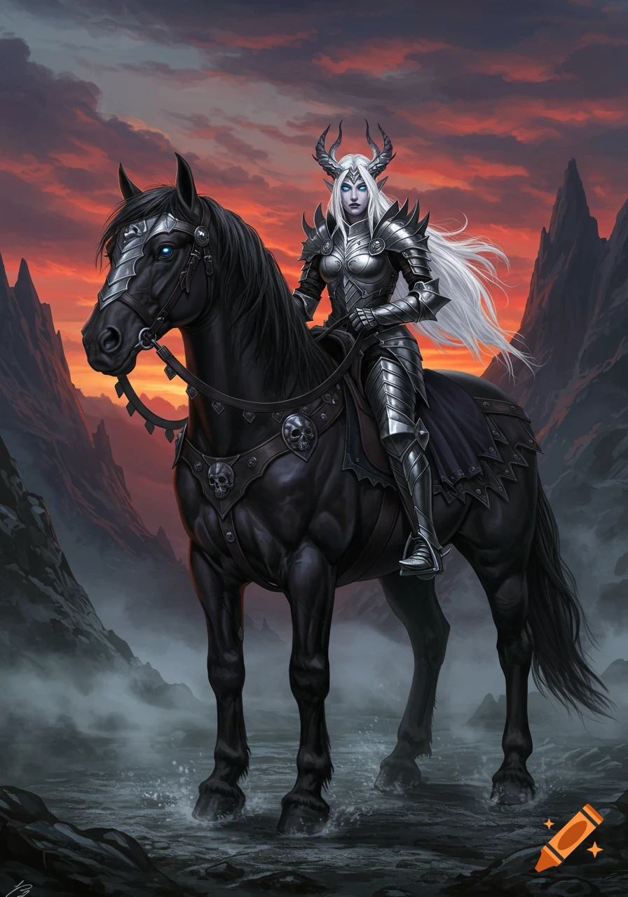 A fantasy warrior in armor rides a black horse through a mystical ...