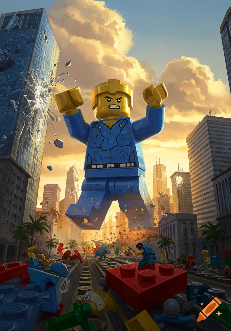 A huge, striped Lego figure stands in a photorealistic Lego city street ...