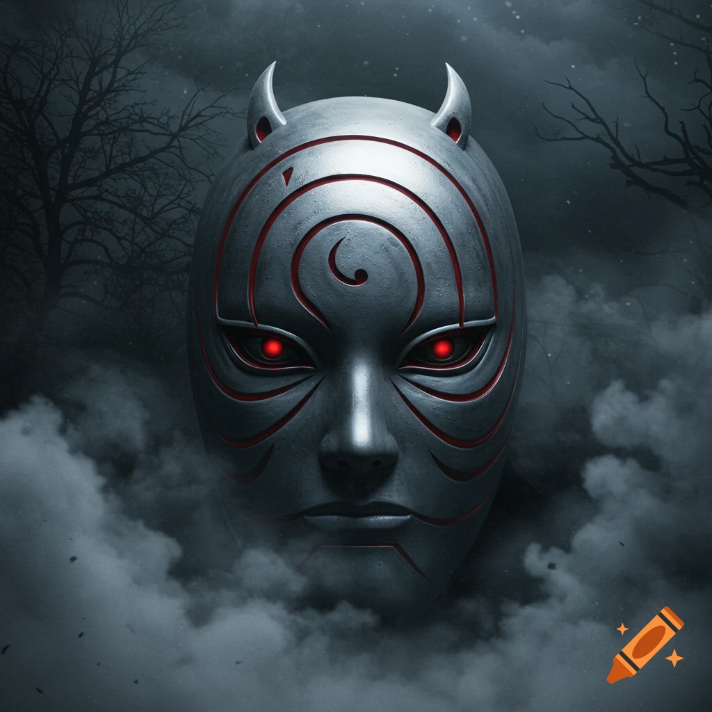 A silver mask with horns, red glowing eyes, and swirling red patterns ...