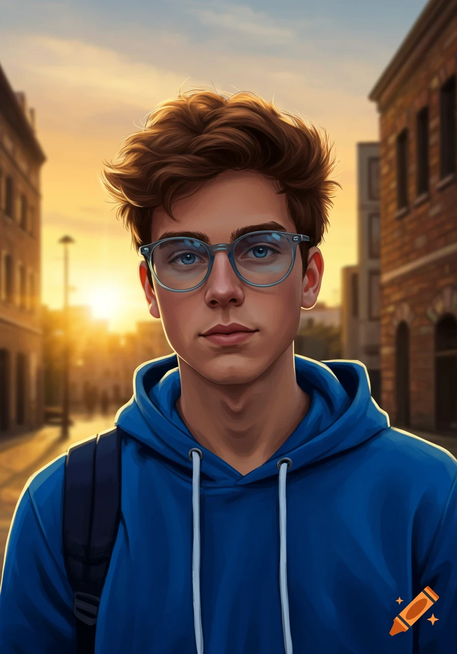 A cartoon young man with short brown hair and glasses, wearing a grey ...