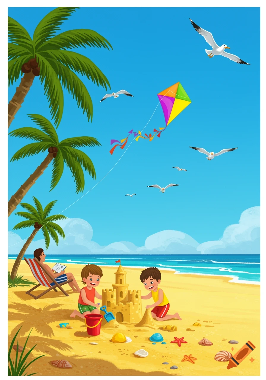 A colorful cartoon beach scene with a sandcastle, sand bucket, snorkel ...
