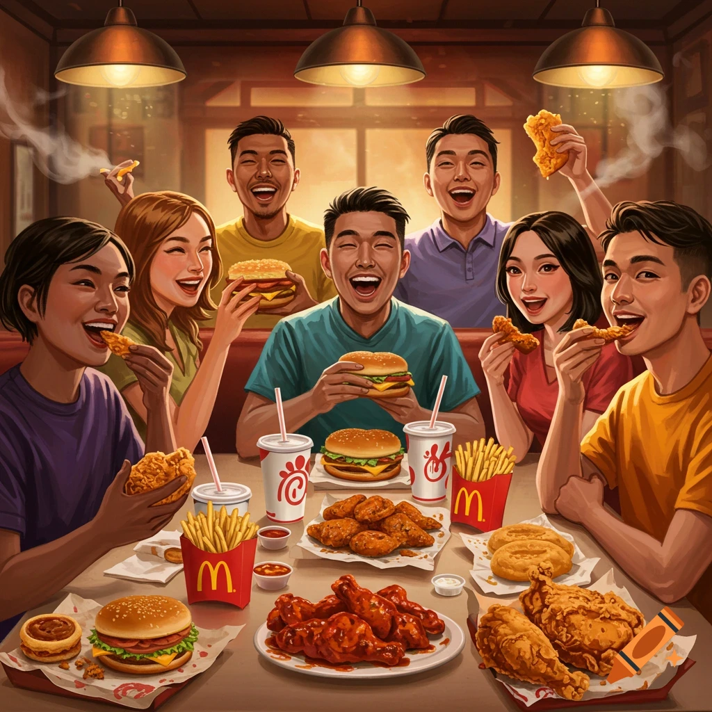 A smiling Latino man in a plaid shirt sits at a red booth in a retro fast-food diner with a ...