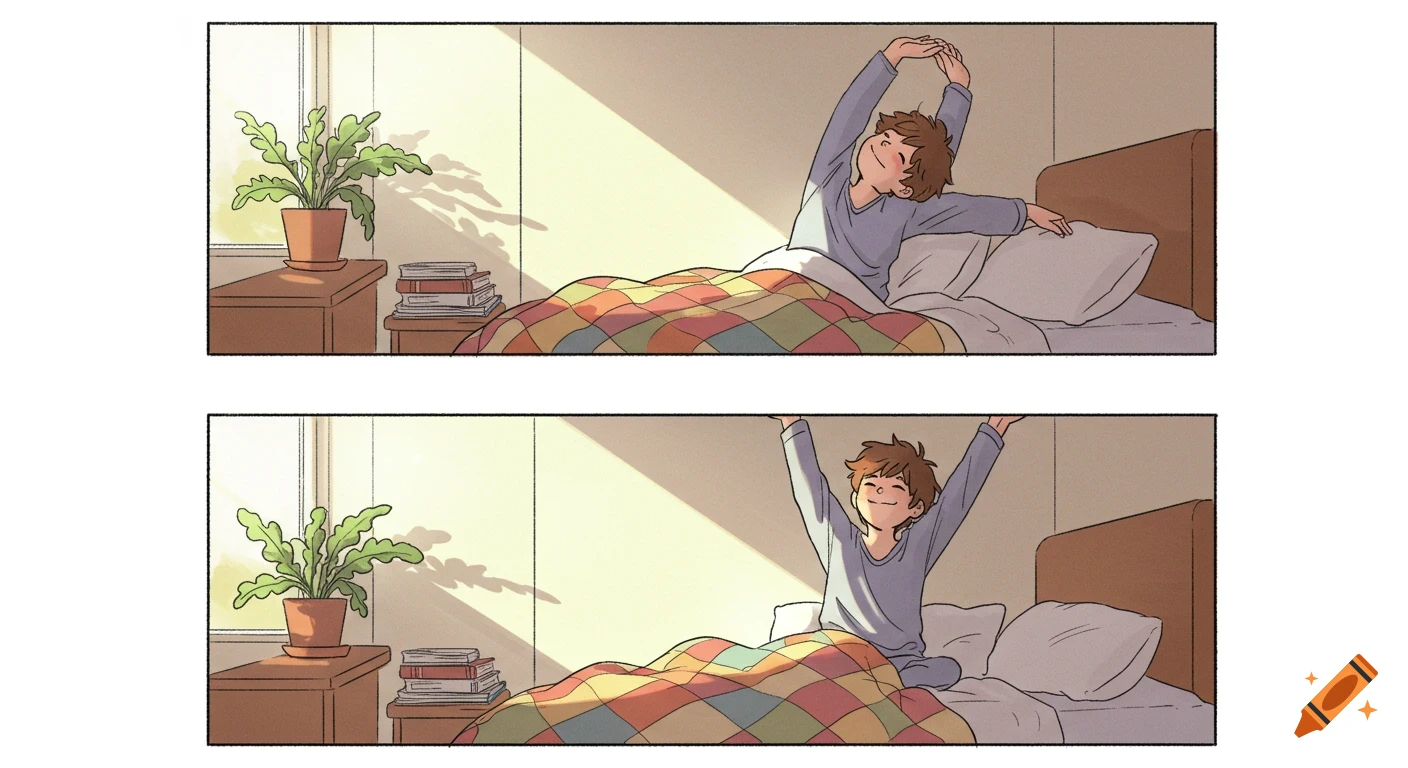 Two-panel cartoon showing a person waking up in bed and stretching in a ...