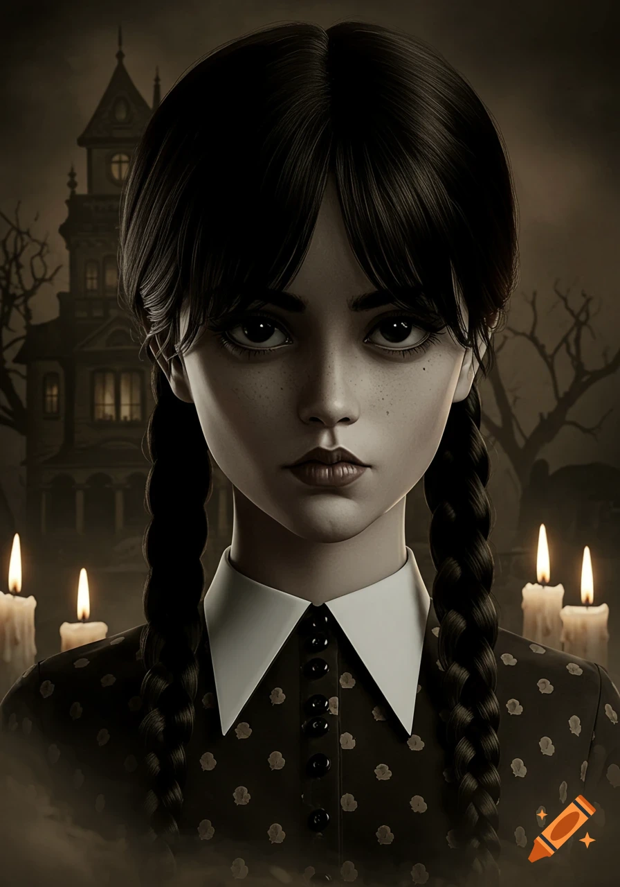 A stylized portrait of Wednesday Addams, with dark hair in pigtails and ...
