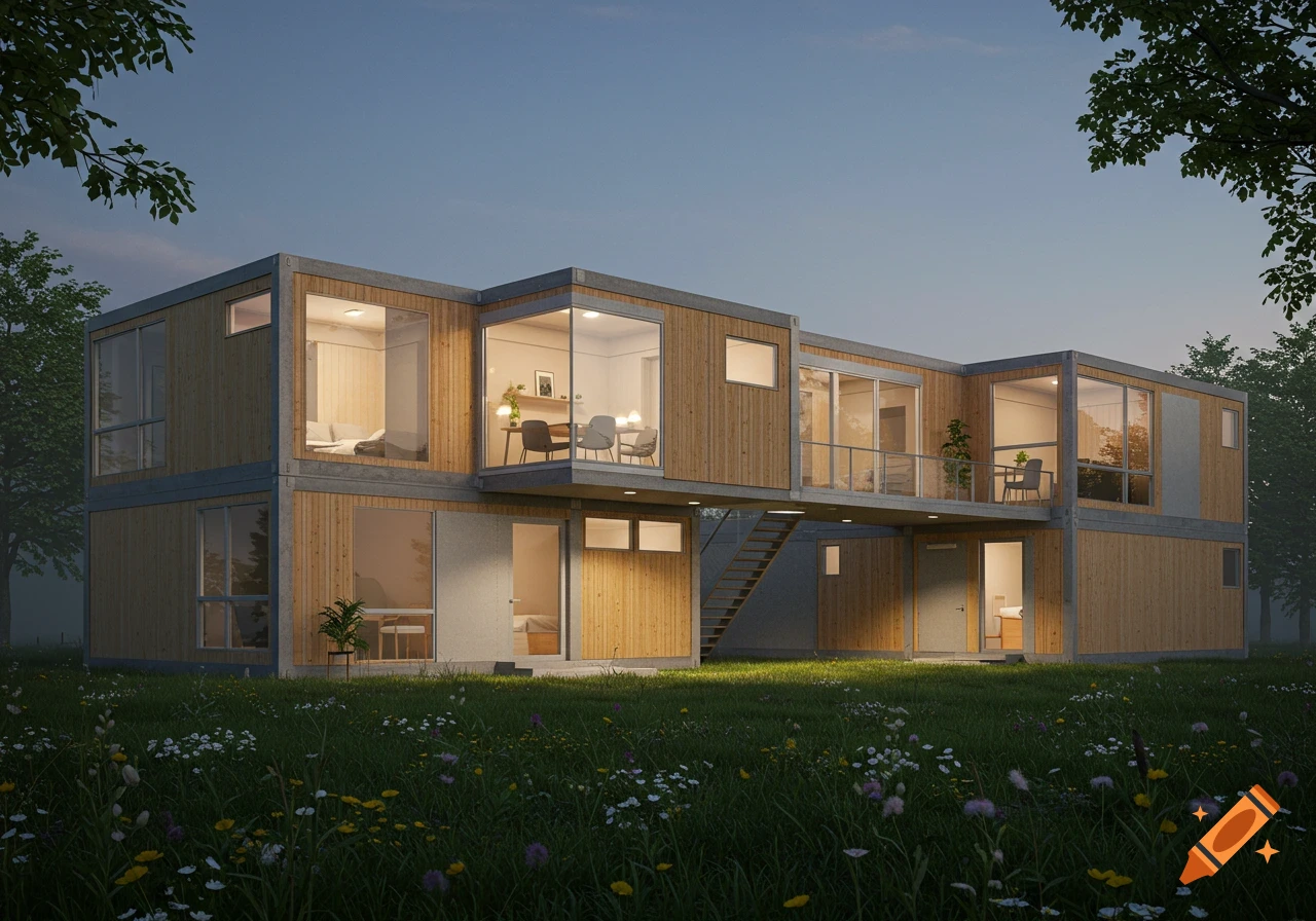 Modern container home with wood siding and large windows in a grassy ...