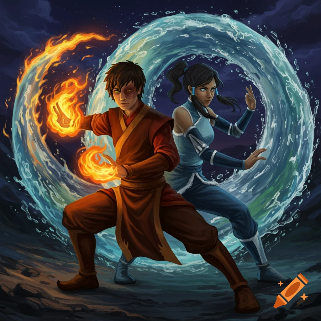 Prince Zuko firebending and Korra waterbending, standing back to back ...