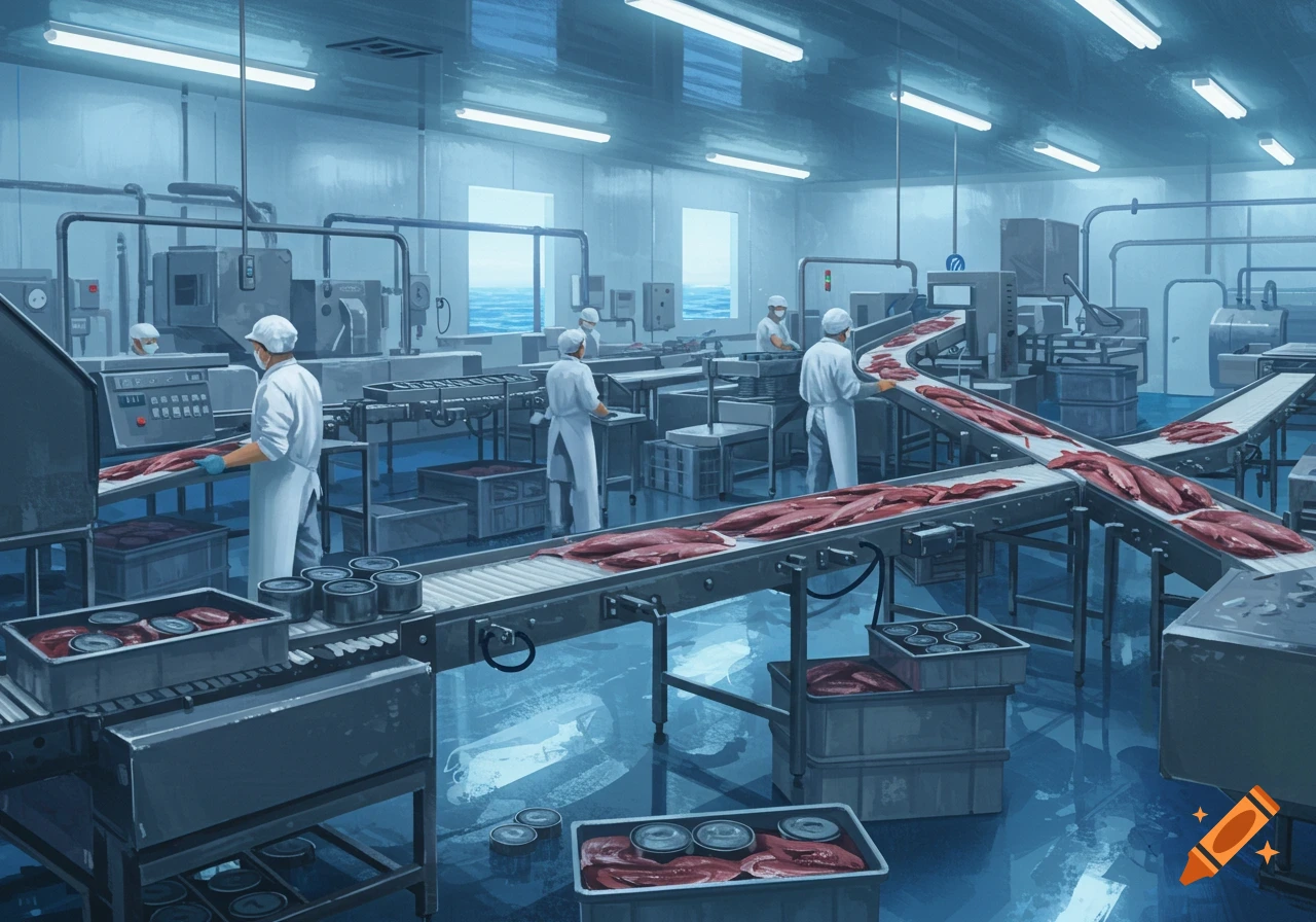 An old, rusty red forklift in a warehouse with stacked wooden crates ...