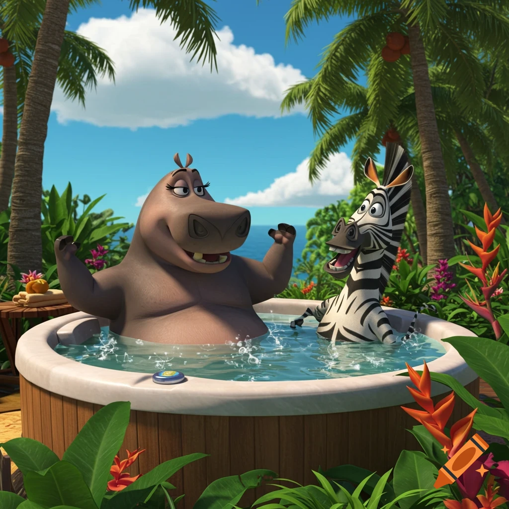 Gloria the hippo and Marty the zebra from Madagascar relaxing in a hot ...