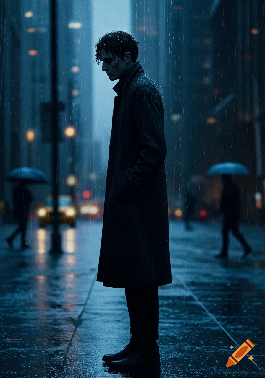 A man in a dark coat walks alone down a wet street in the rain at night ...