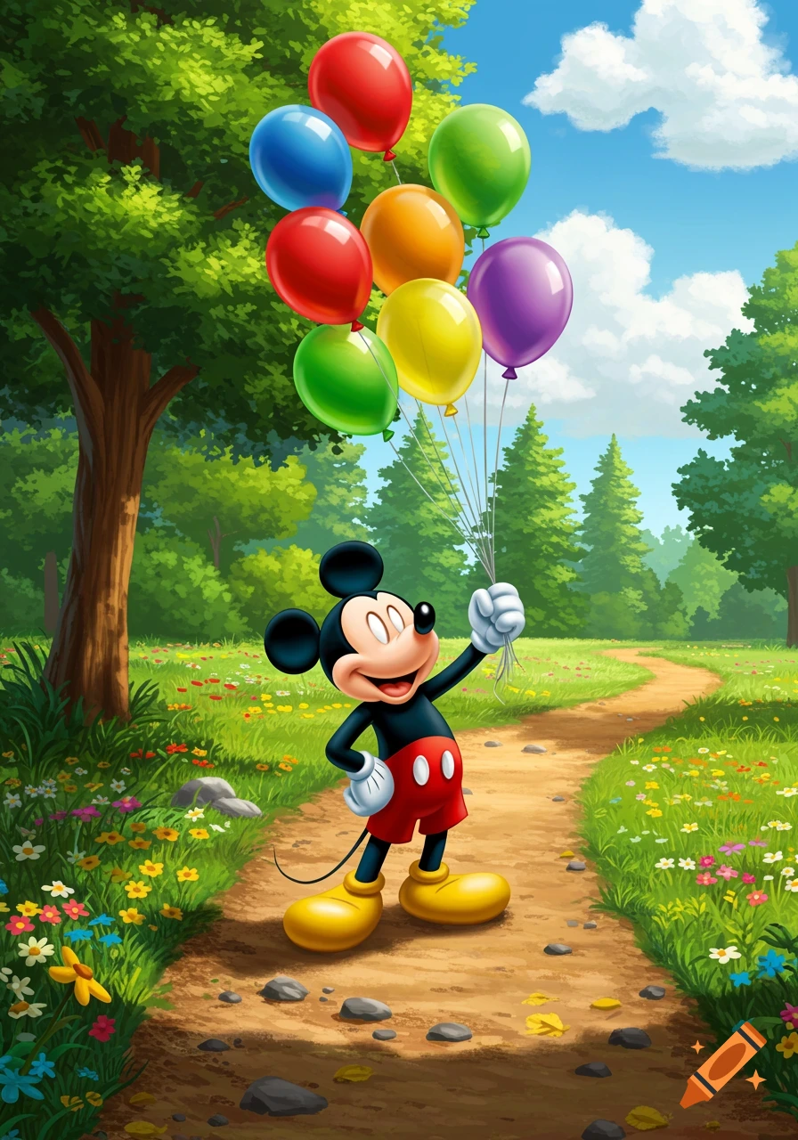 Mickey Mouse walks on a sunlit brick path, holding a closed red ...