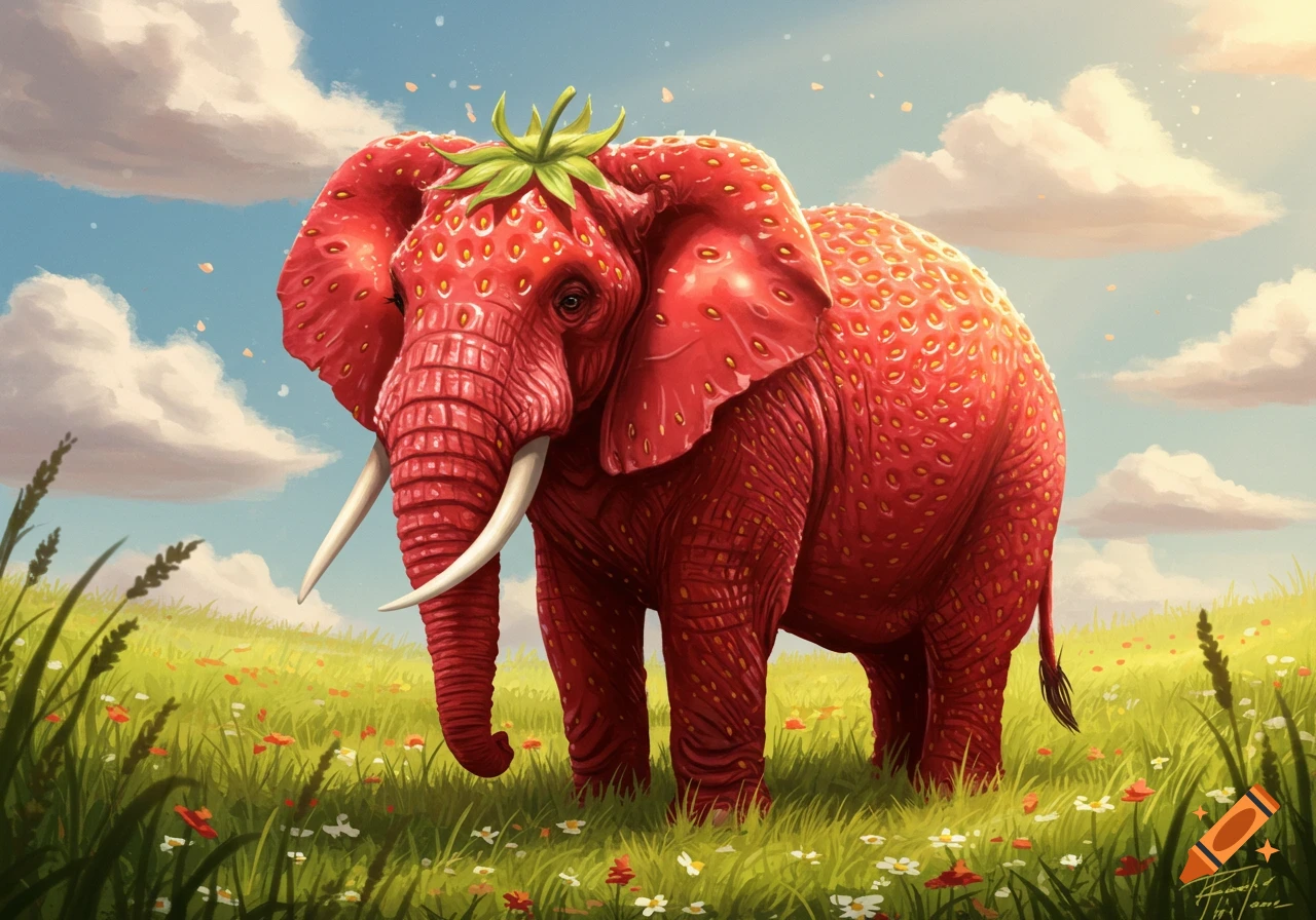 A whimsical elephant flies across a blue sky with a colorful parachute ...