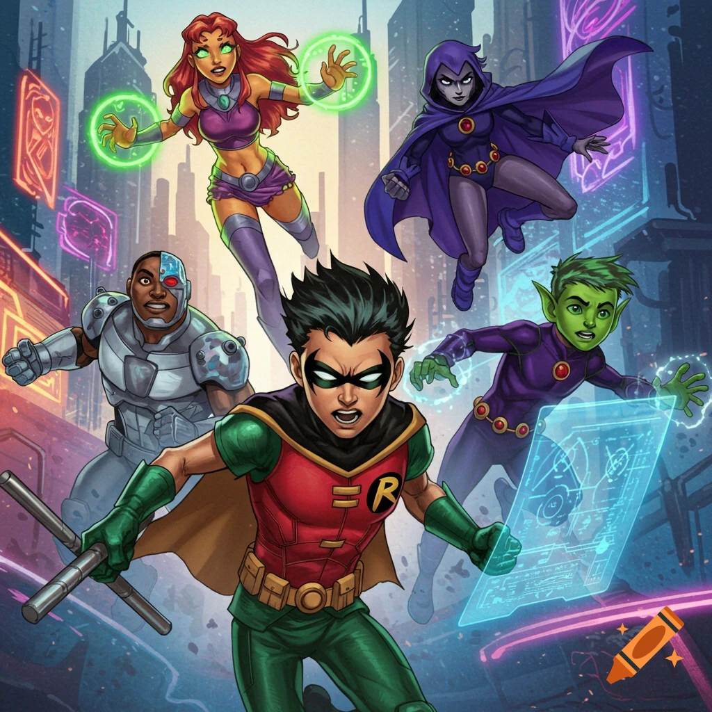 The Teen Titans Go characters, including Cyborg, Raven, two Robins, and ...