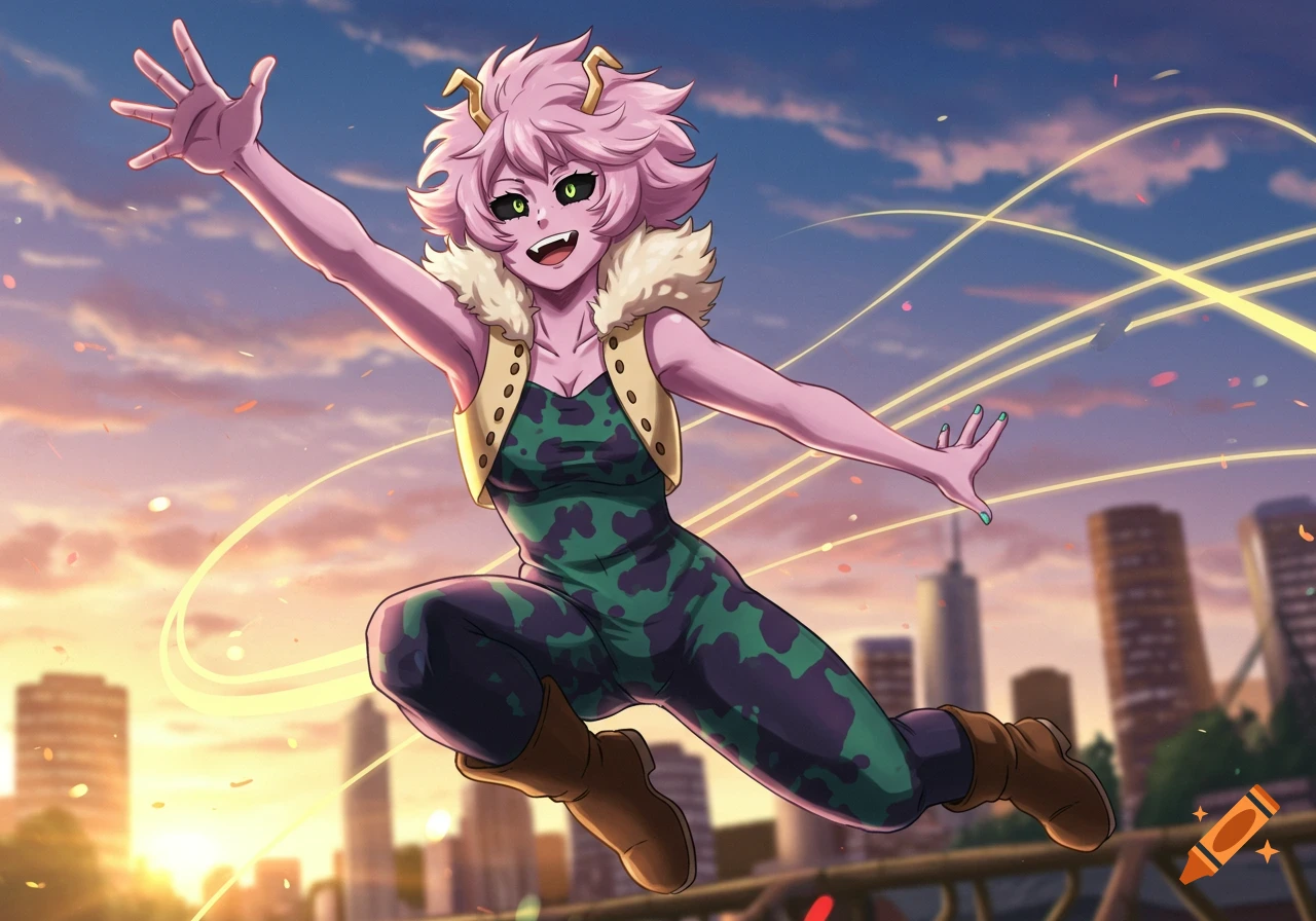 Mina Ashido, a pink-skinned anime girl, leaps in a camouflage suit over ...