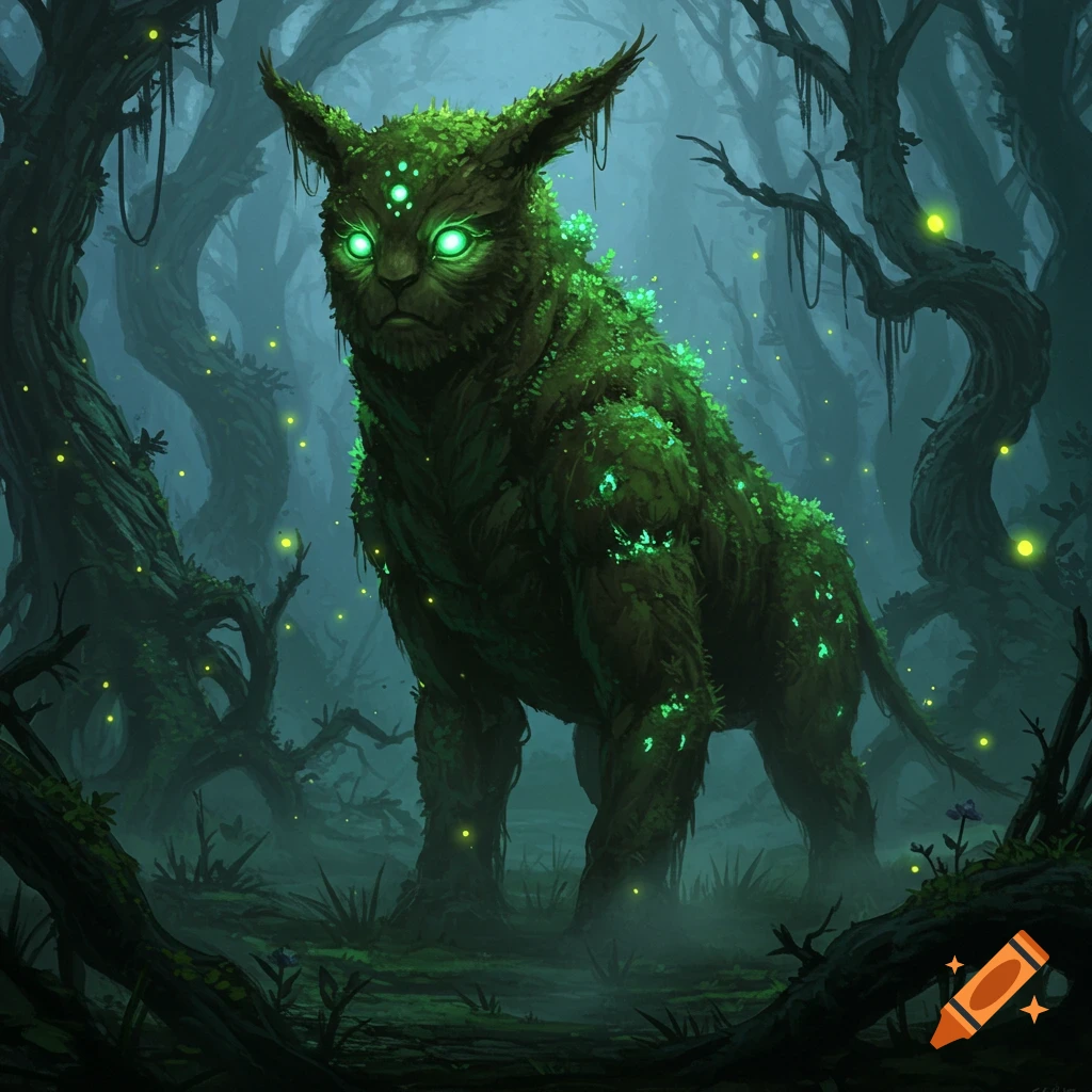 A mossy, cat-like forest spirit with glowing green eyes and patterns ...