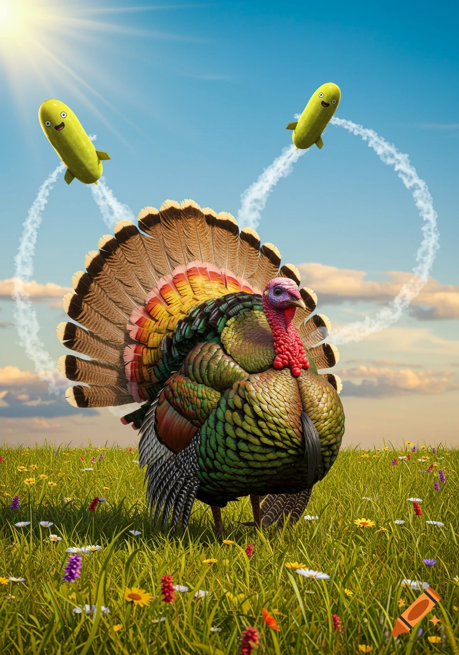 Crayon drawing of four turkeys under a walnut tree in a sunny, grassy ...