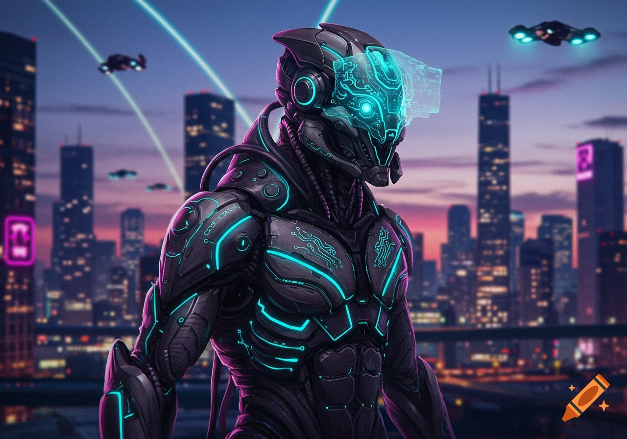 A vibrant cyberpunk mechanical parrot with glowing circuit patterns and ...