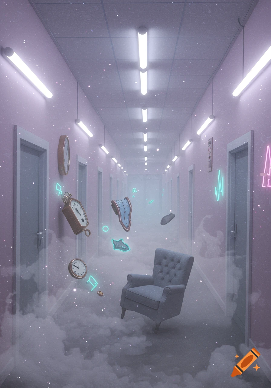 A pastel pink hallway with glowing fluorescent lights, filled with mist ...