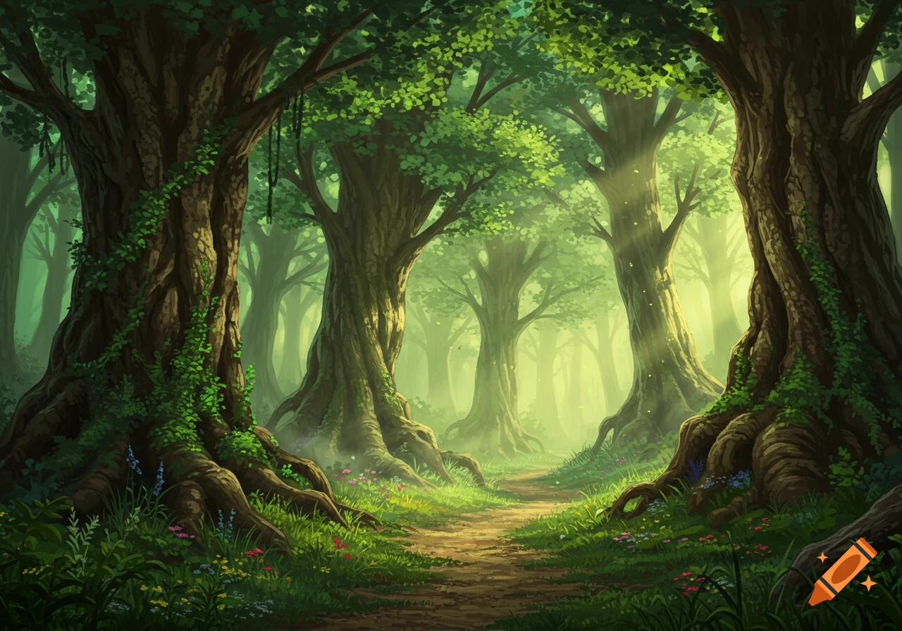 A winding path leads through a dense, sunlit fantasy forest filled with tall, ancient trees and ...