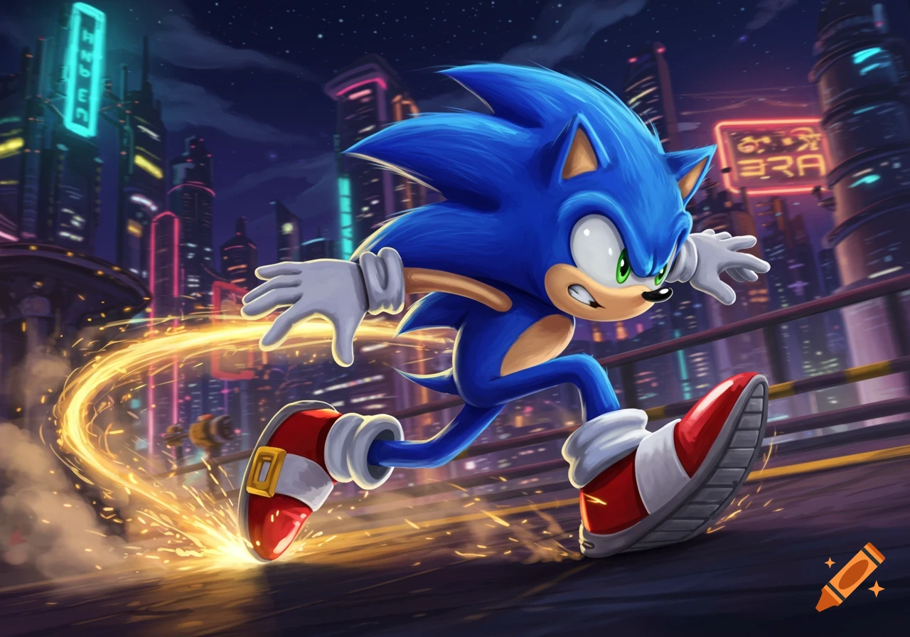 Sonic the Hedgehog runs at super speed, leaving a trail of light and ...
