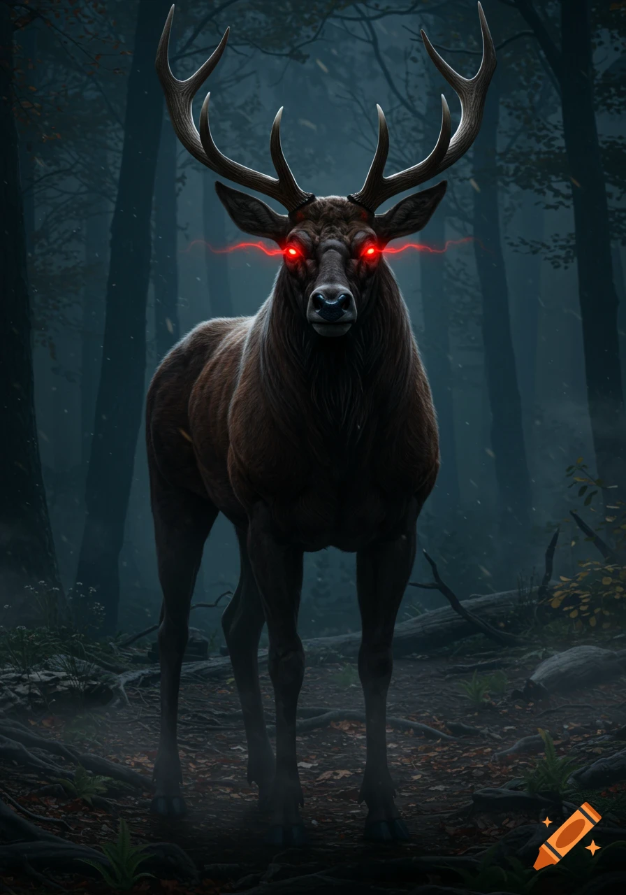 A dark fantasy digital art piece of an evil black deer with glowing red ...