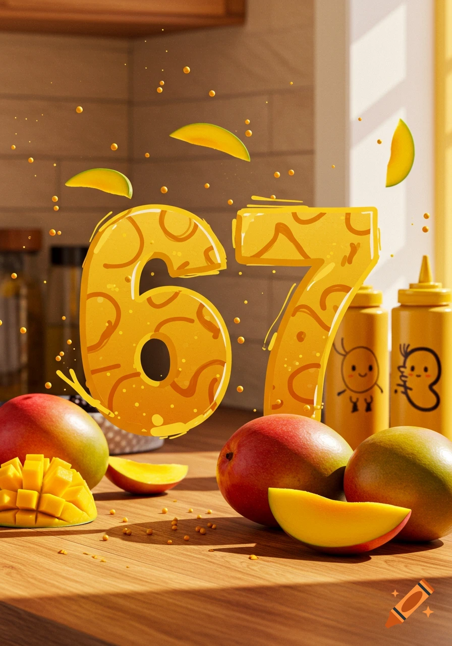 Stylized number 67 made of mango, with fresh mangoes and cartoon ...