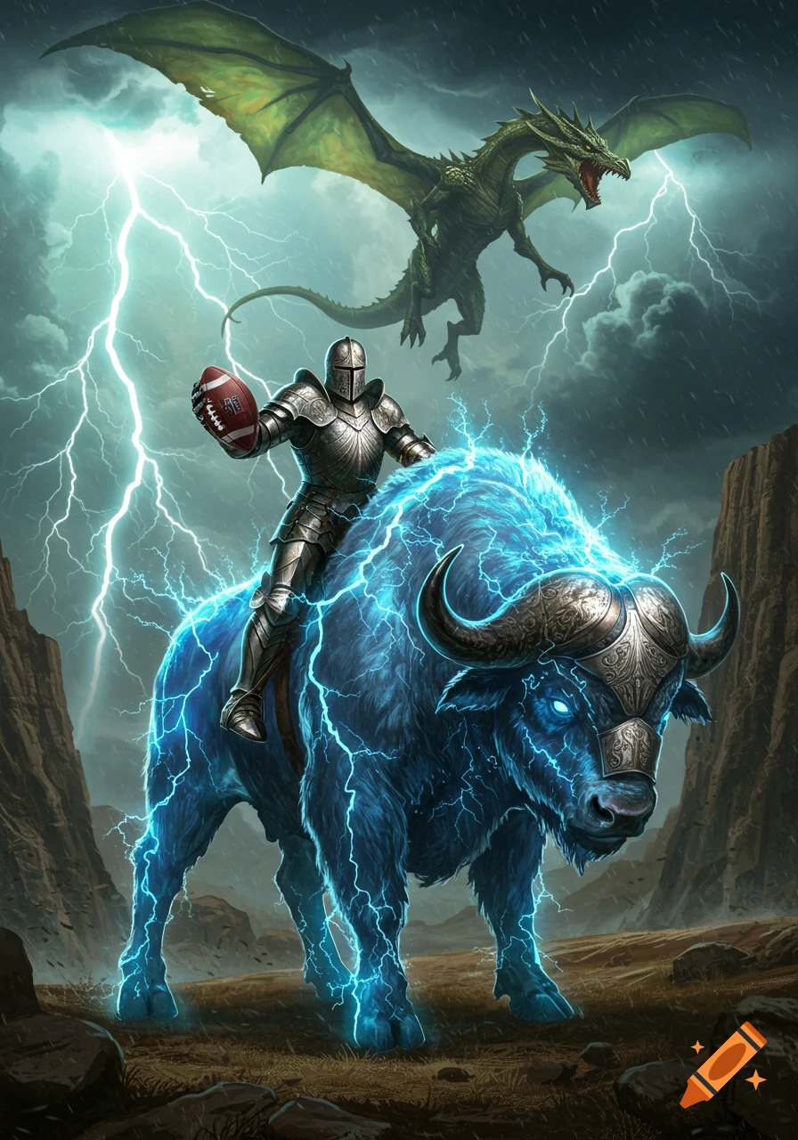 A knight in armor rides a lightning-infused blue buffalo, holding a ...