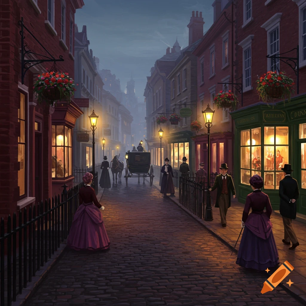 A moody, wet Victorian London street scene with people in period attire ...