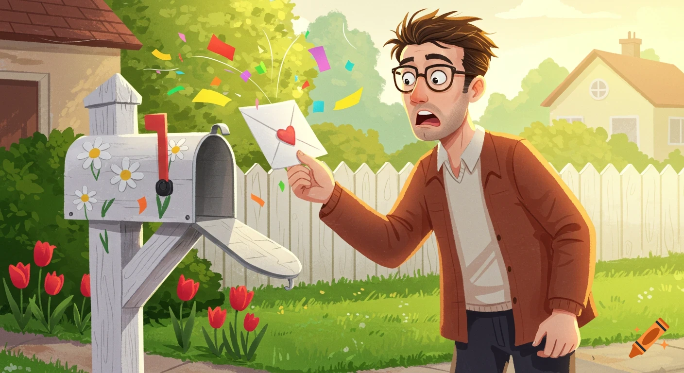 A surprised cartoon man opens his mailbox to find a letter with a heart ...