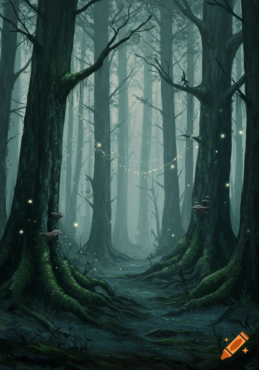 A dark, mystical forest with tall, mossy trees, glowing fireflies, and ...