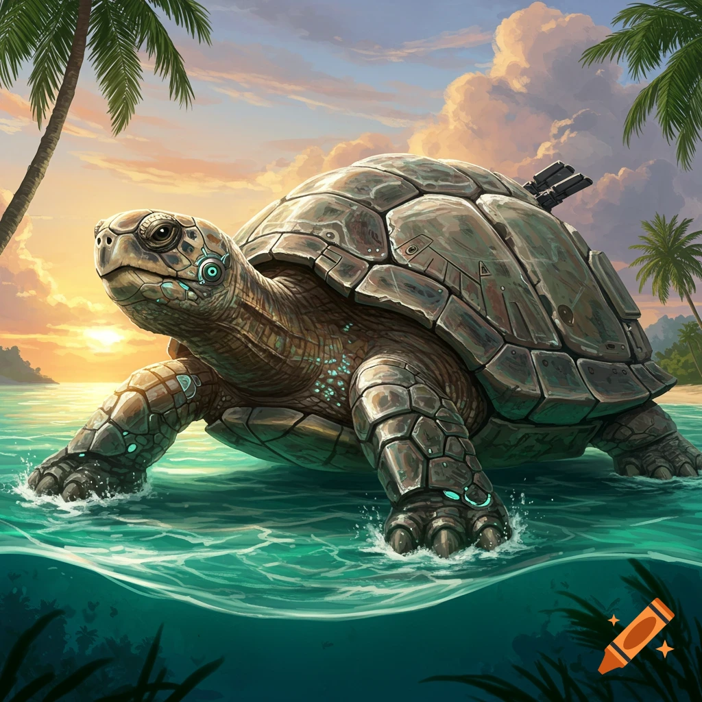 A giant, armored turtle with cybernetic elements and a tank-like shell ...