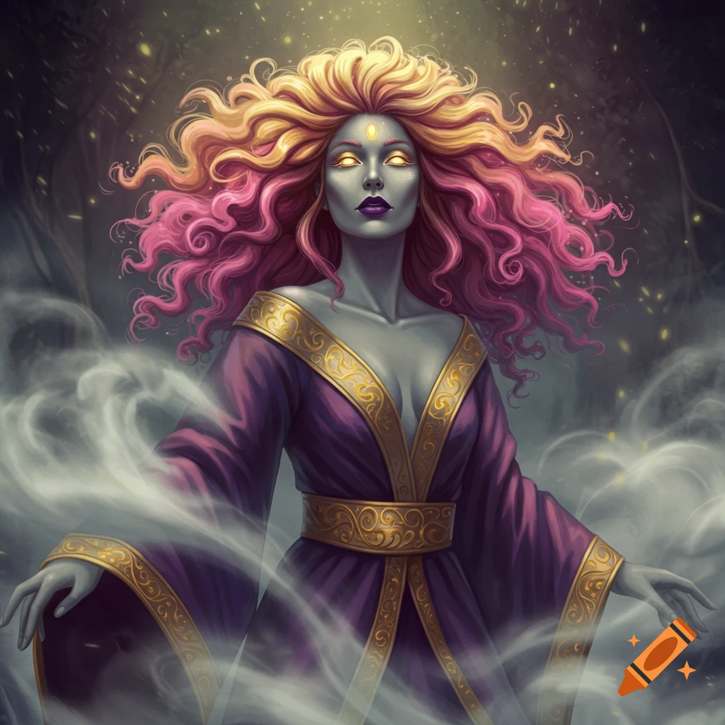 A mystical grey-skinned lady with glowing eyes and vibrant pink and blonde hair emerges from ...